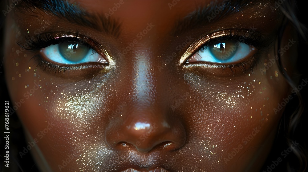 Golden Glow African American Woman Radiates Blue-Glitter Eyelids in ...