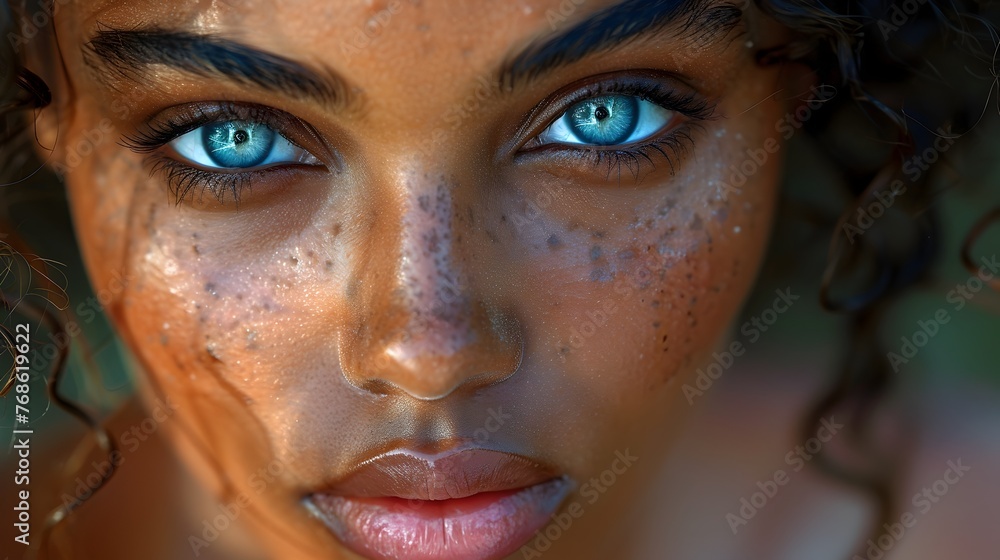 Sincere Gaze A Beautiful Brazilian Woman with Blue Eyes and Freckles at ...