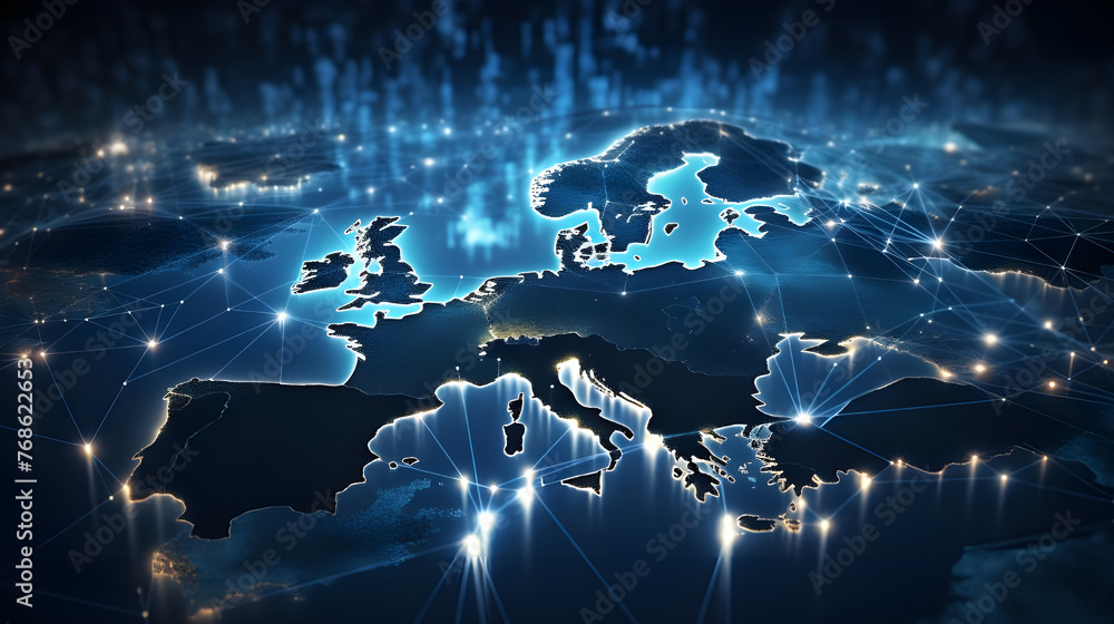 Abstract digital map of Western Europe highlights the concept of ...