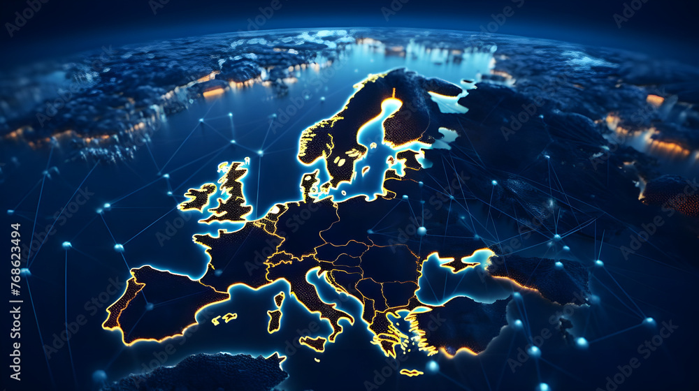 Abstract digital map of Western Europe highlights the concept of ...