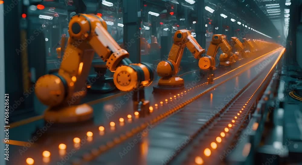 a smart factory floor bustling with activity as AI-powered machines ...