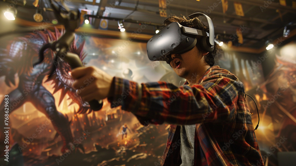 With a headset on, a gamer dives into the immersive world of virtual ...