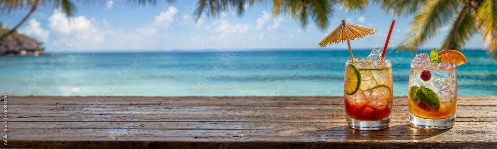 Cocktails at a beach bar at tropical resort. Summer vacation background ...