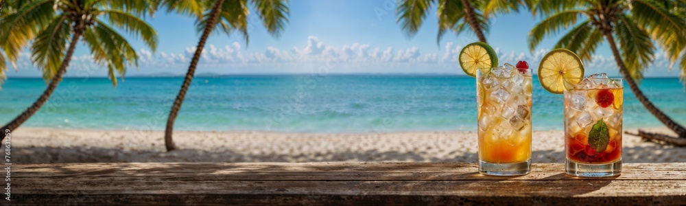 Cocktails at a beach bar at tropical resort. Summer vacation background ...