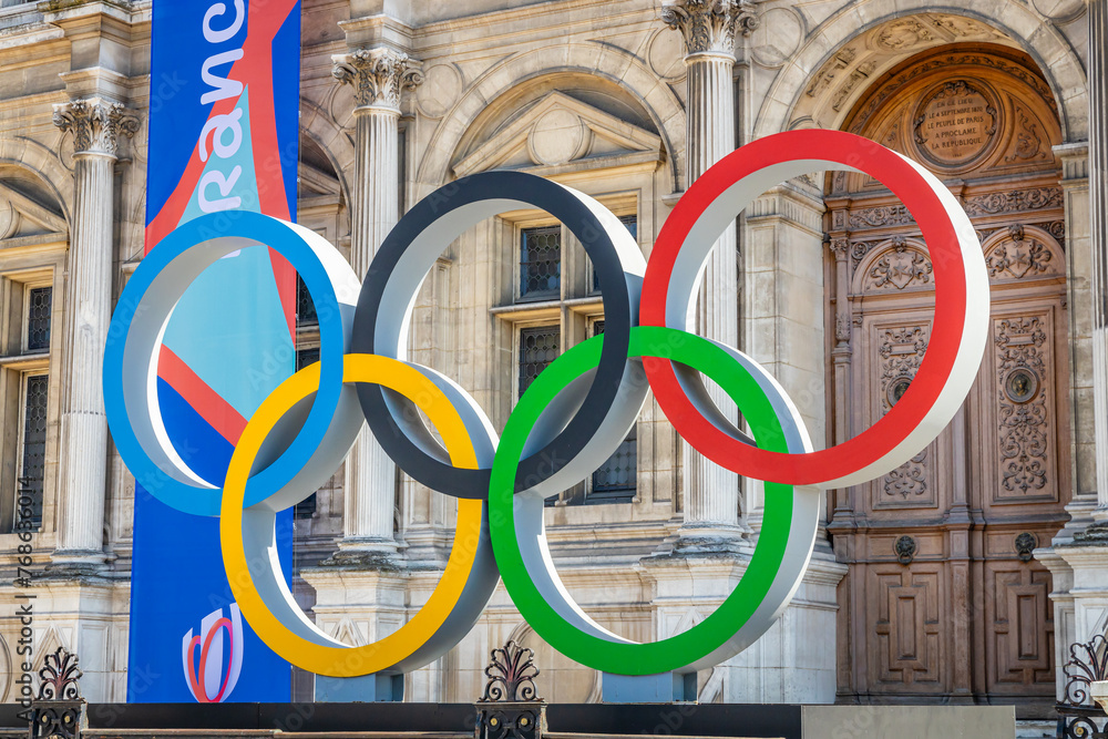 Olympic rings of Paris 2024 summer games on Place de l'Hotel de Ville ...