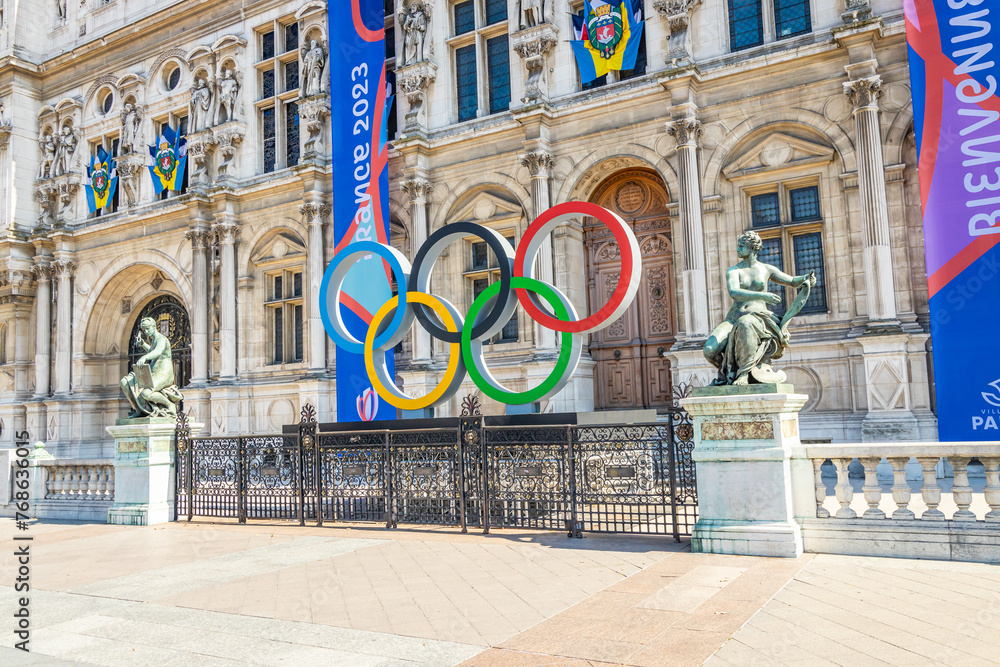 Olympic rings of Paris 2024 summer games on Place de l'Hotel de Ville ...