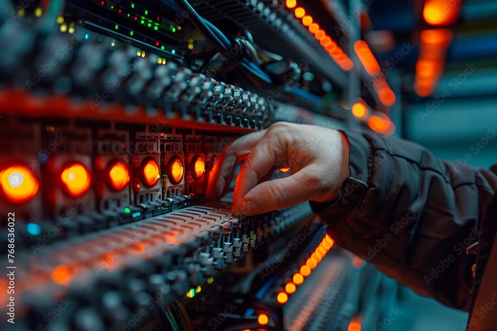 Closeup of a network engineers hands configuring a highspeed router ...