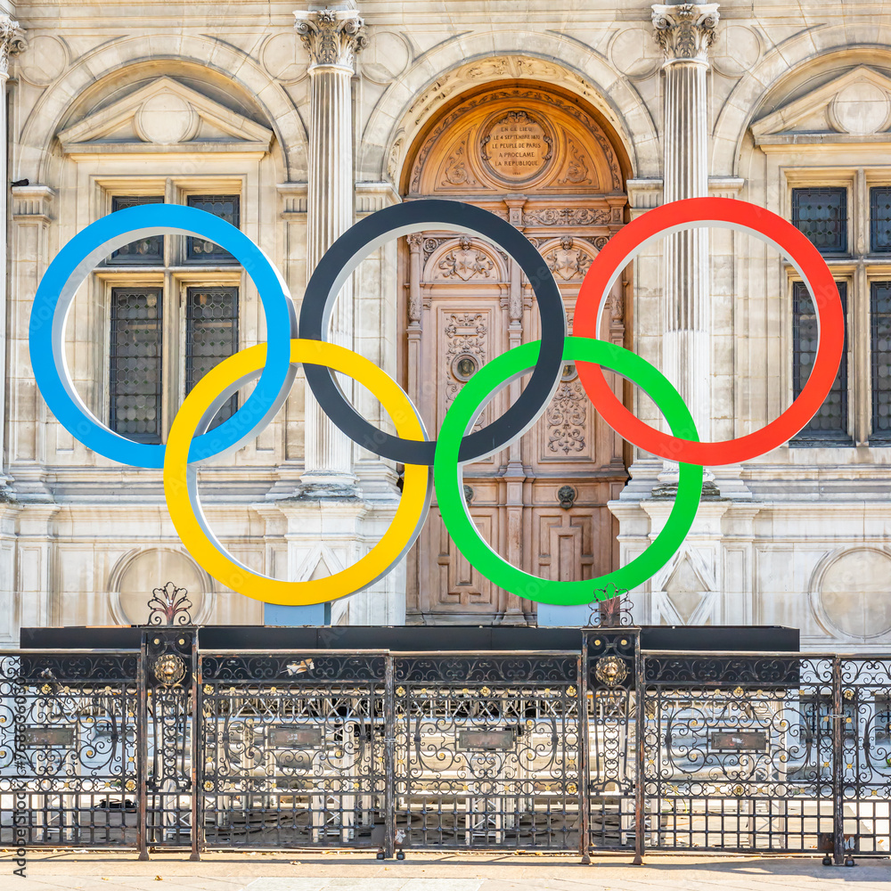 Olympic rings of Paris 2024 summer games on Place de l'Hotel de Ville ...