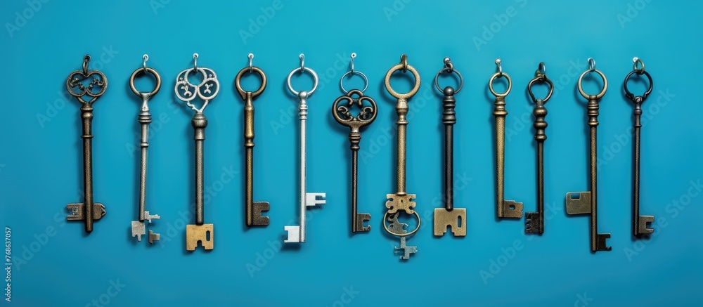 A collection of assorted old keys, from door locks to safes, neatly ...