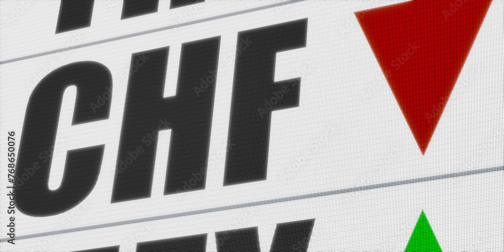 Swiss franc currency symbol and red arrow, falling CHF. Currency ...