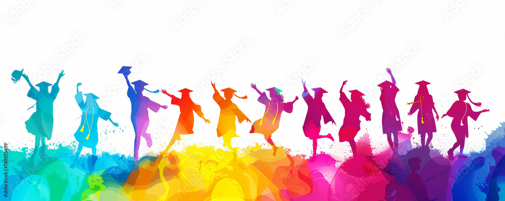 Colorful silhouettes of exuberant graduates tossing their caps against ...