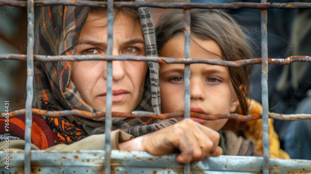 Portrait of refugee mother with children behind wire mesh fence ...