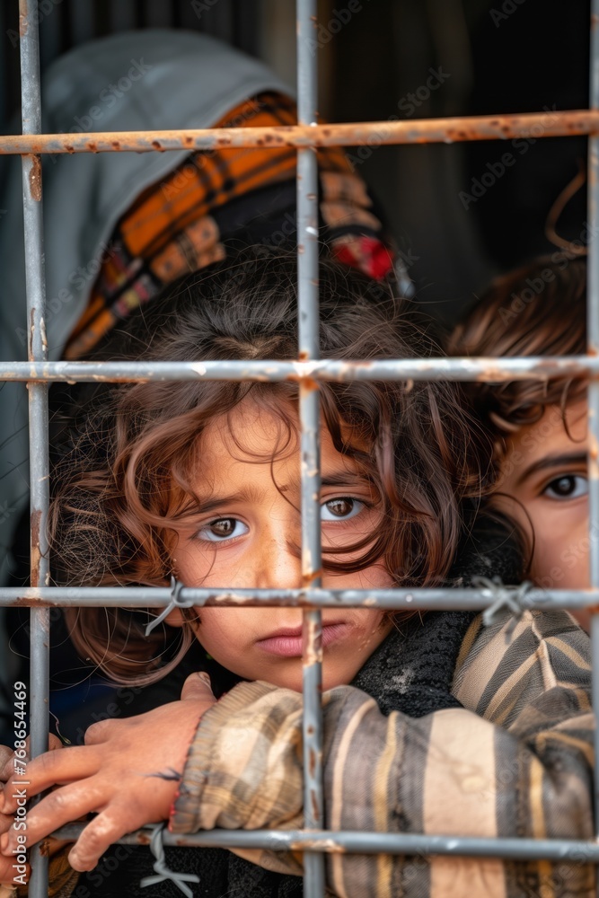 Portrait of refugee mother with children behind wire mesh fence ...