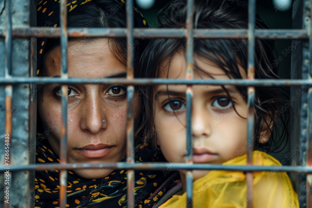 Portrait of refugee mother with children behind wire mesh fence ...