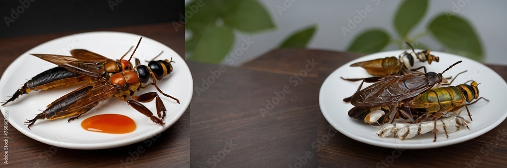 Insects, beetles and larvae as food on served plates. Concept Hunger ...