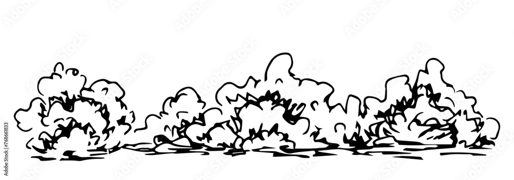 Hand drawn vector illustration with black outline. Shrub, hedge. Trees ...
