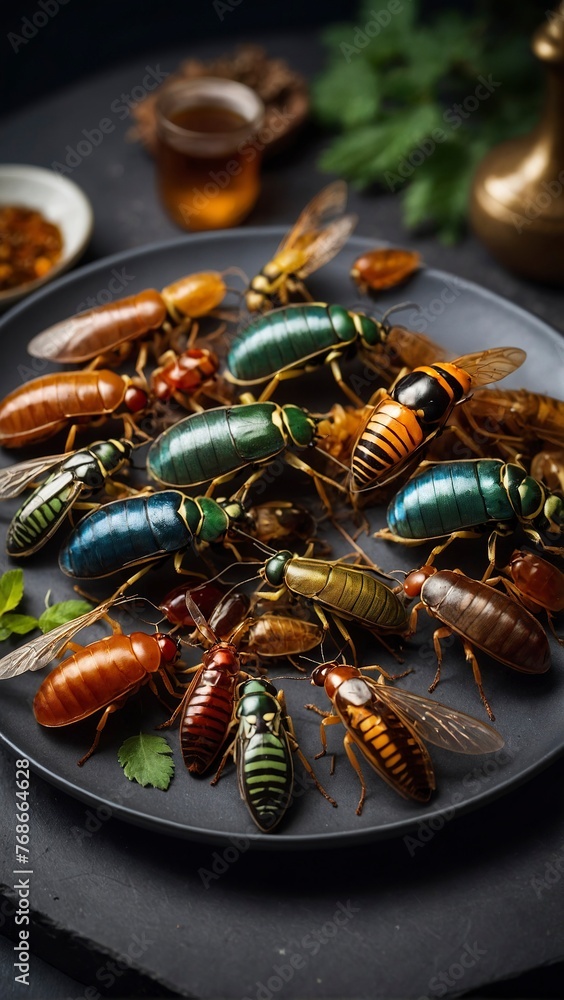 Insects, beetles and larvae as food on served plates. Concept Hunger ...