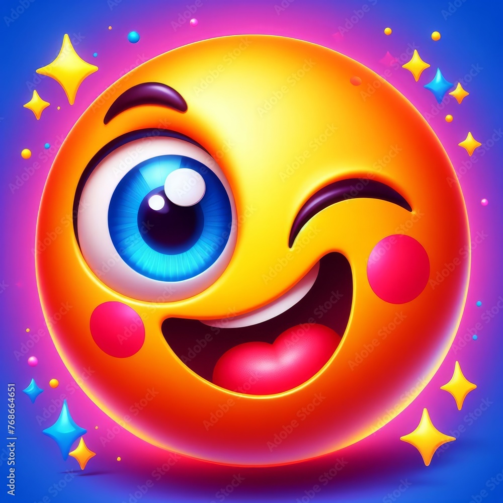 A playful, digitally-rendered winking emoji, its design heightened with ...