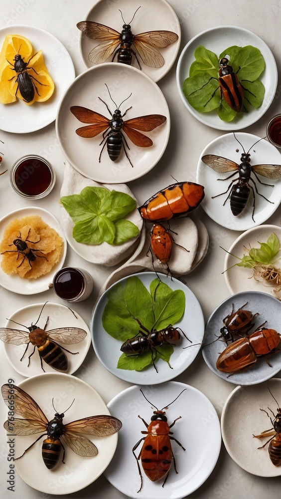 Insects, beetles and larvae as food on served plates. Concept Hunger ...