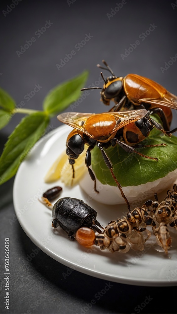 Insects, beetles and larvae as food on served plates. Concept Hunger ...