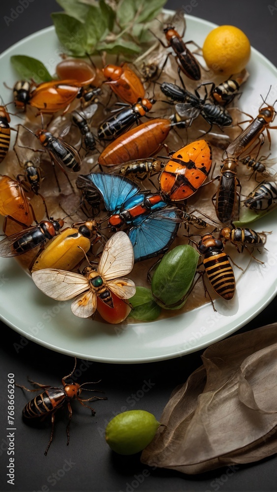 Insects, beetles and larvae as food on served plates. Concept Hunger ...