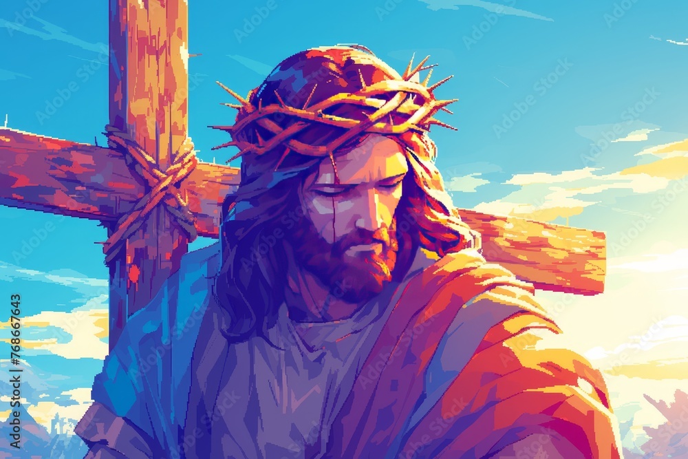 Jesus carrying the cross in the pixel art style, with a colorful ...