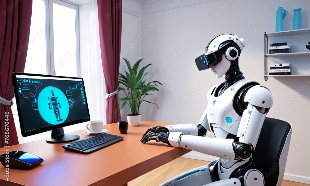 A humanoid robot operates a home office setup with a futuristic ...