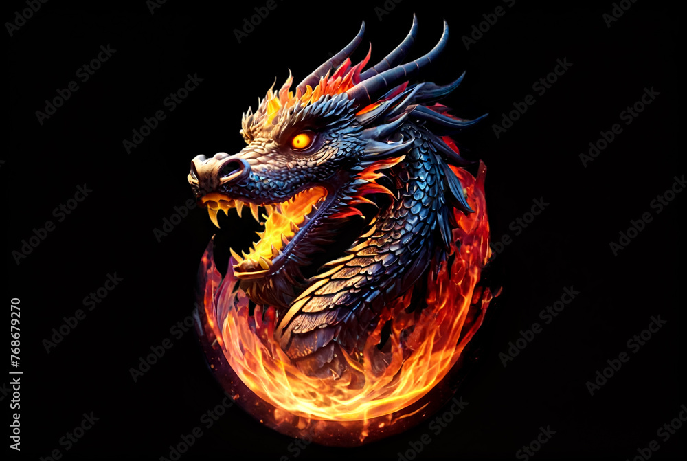 Logotype of fire chinese dragon head with flame fire, colorful image ...