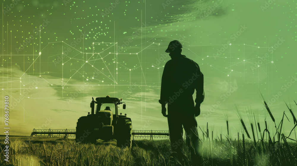 Agricultural farmer in the field utilising GPS technology with tractor ...