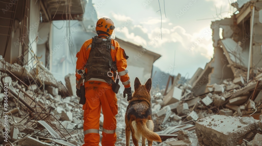 Emergency rescue man with rescue dog mobilize in search of survivors ...