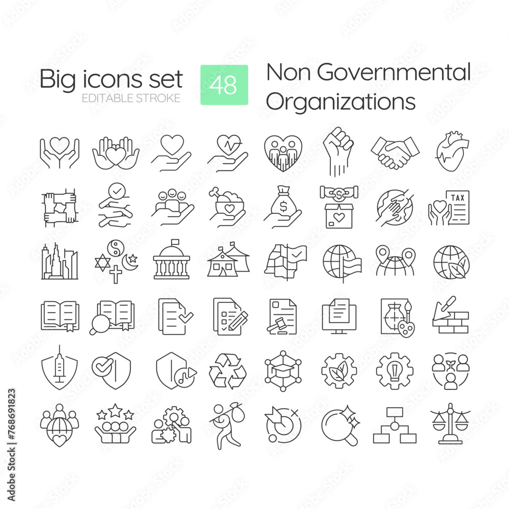Non governmental organization linear icons set. Human rights. Nonprofit ...