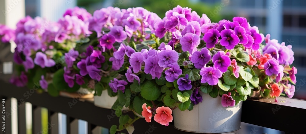 A neat row of potted violets and begonias sits on top of a window sill ...