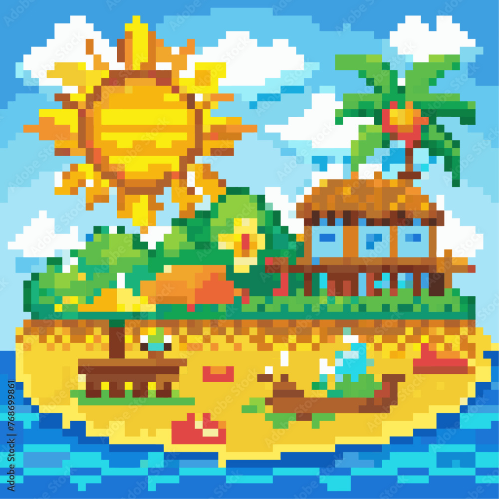 Summer Island Isolated pixel art game scenario landscape Stock Vector ...