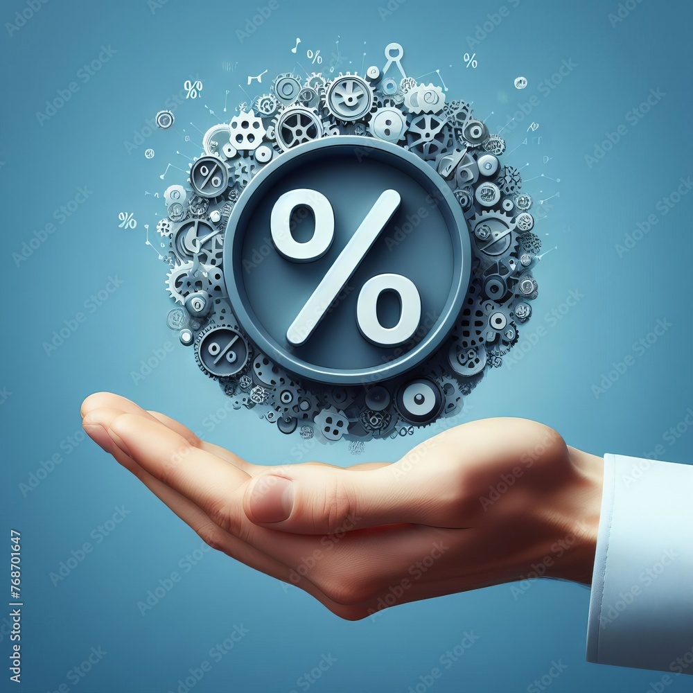 A conceptual representation of a hand presenting a floating percentage ...