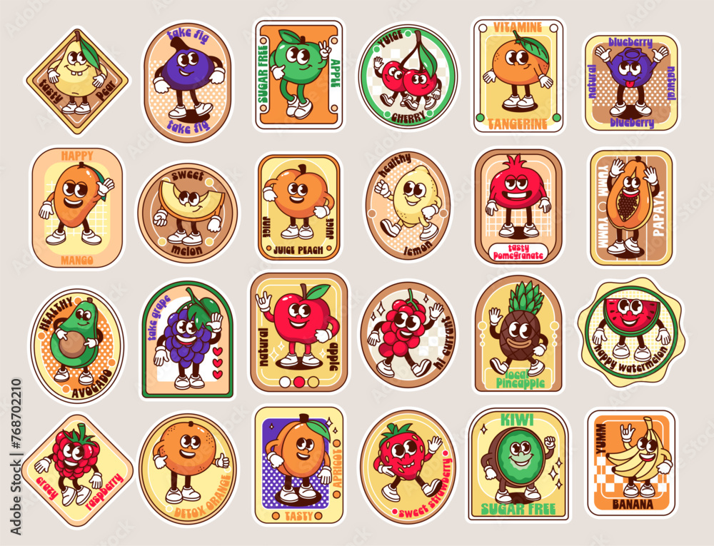 Groovy cartoon labels with fruit characters set. Funny retro posters of ...