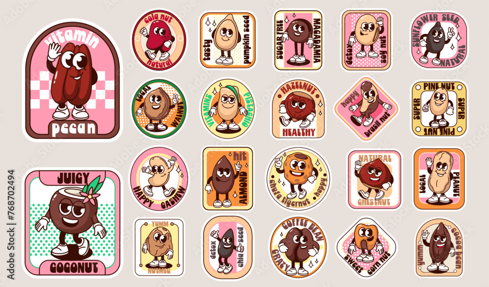 Groovy nut, bean and seed characters on cartoon labels set. Funny retro ...