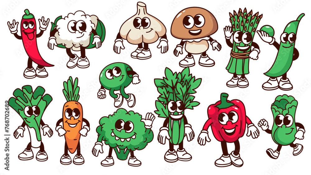 Groovy cartoon vegetable characters set. Funny retro healthy different ...