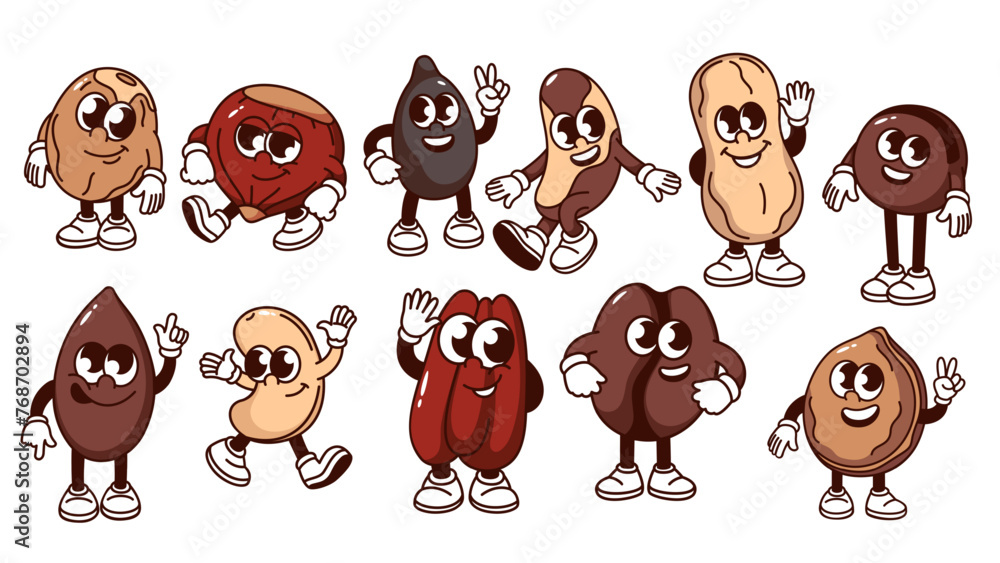 Groovy cartoon nut and bean characters set. Funny retro nuts for eating ...