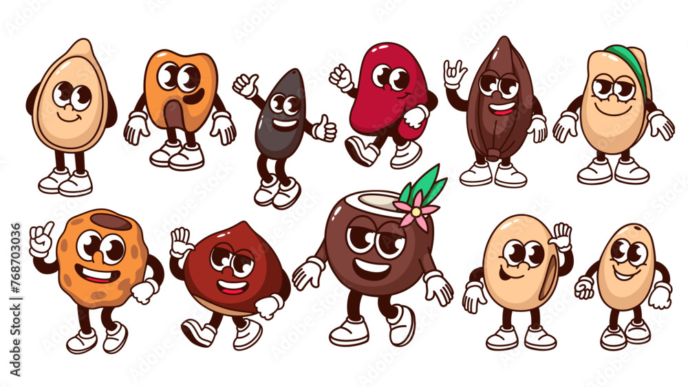 Groovy cartoon nut, bean and seed characters set. Funny retro cheerful ...