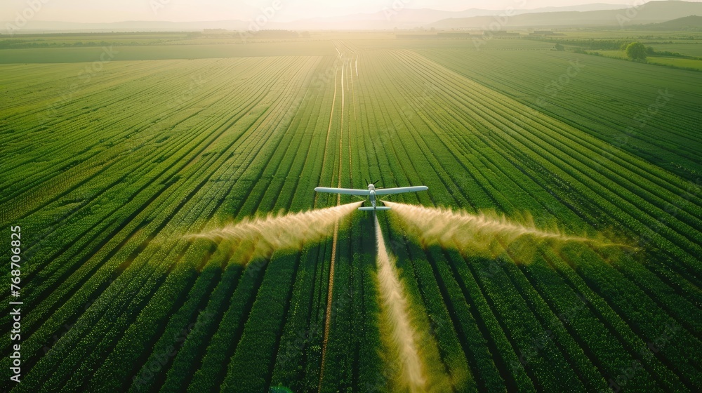 airplane spraying over vast agricultural fields, offering a symmetrical ...