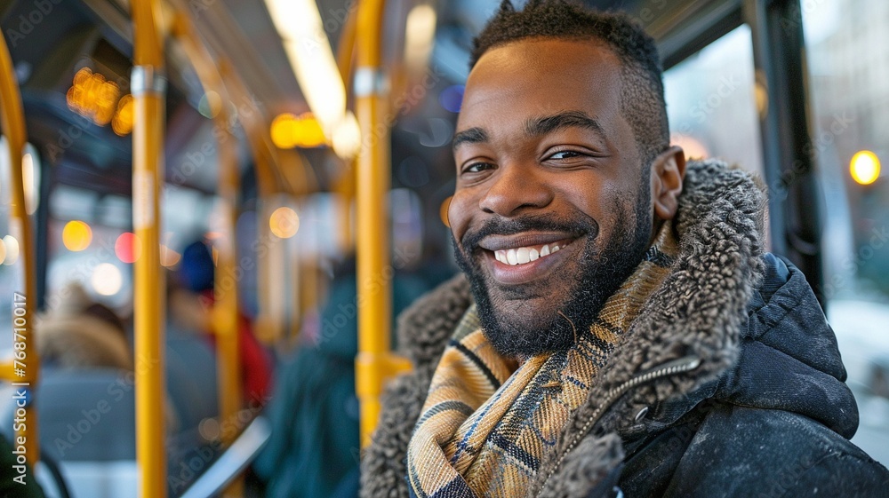 As passengers board, a smiling bus driver welcomes them, highlighting ...