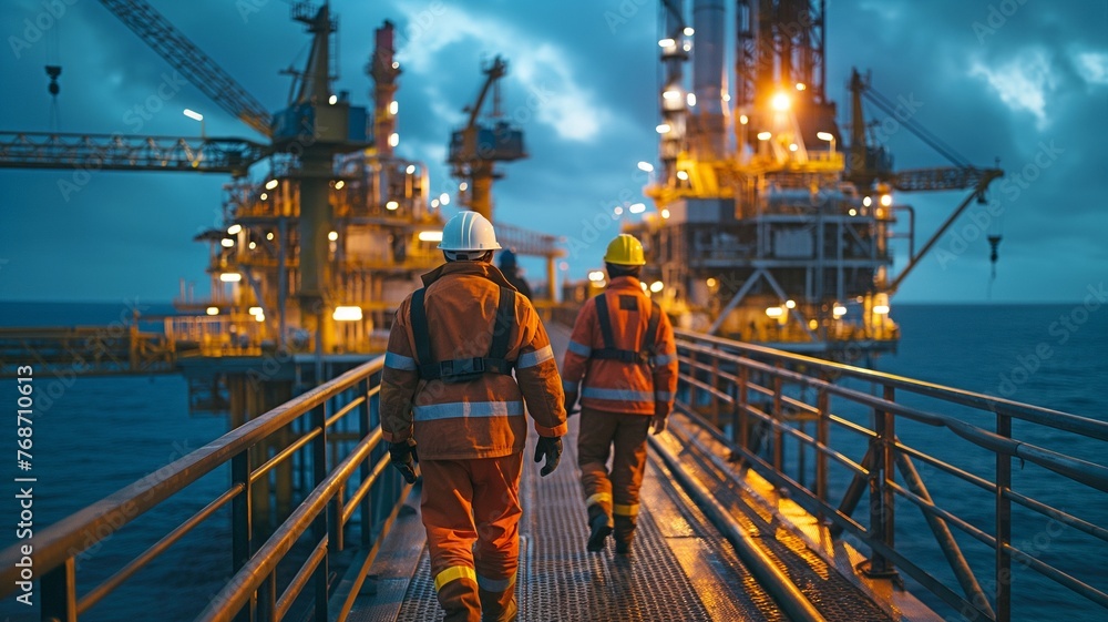 Employees crossing a bridge to an offshore oil rig at an offshore oil ...