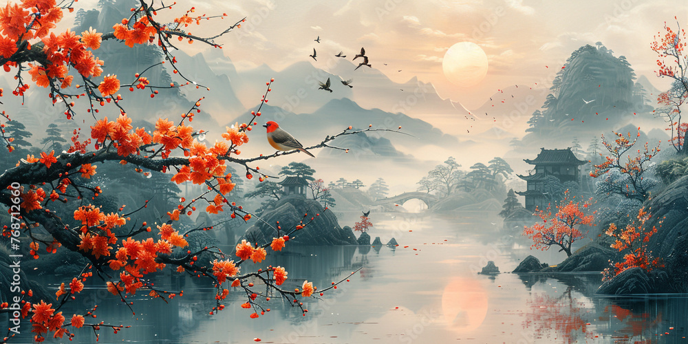 Traditional eastern art. Ink painting. Zen. ancient scroll. Fantasy ...