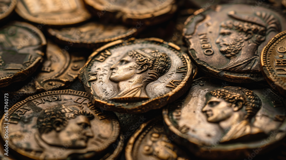 Vintage Ancient coins background, pile of old bronze Greek Roman money ...