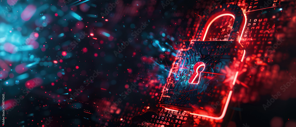 Secure digital space, red hot cyber padlock on dark neon data ...