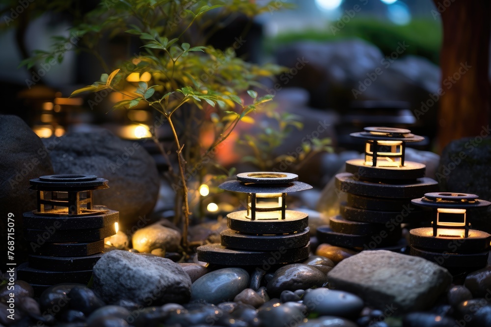 Zen Garden Zenith: Rings in a zen garden with lanterns and bokeh lights ...