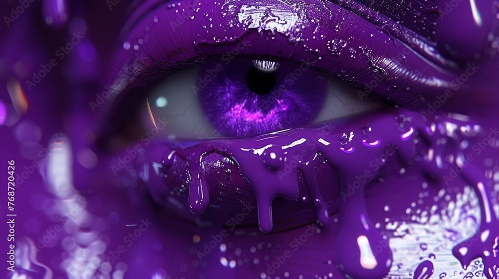 A close-up of an eye with purple paint on the upper and lower parts of ...