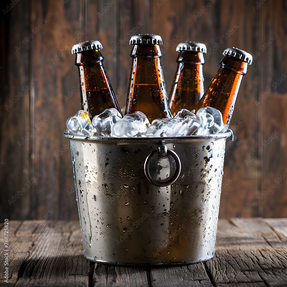 Chilled Beers in Ice Bucket Against a Rustic Wooden Background: A Stock ...