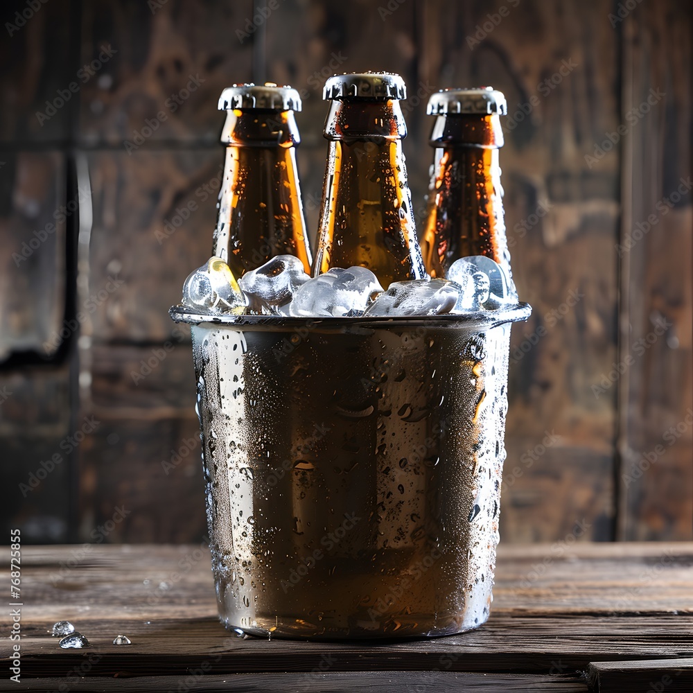 Chilled Beers in Ice Bucket Against a Rustic Wooden Background: A Stock Image Showcasing Five ...