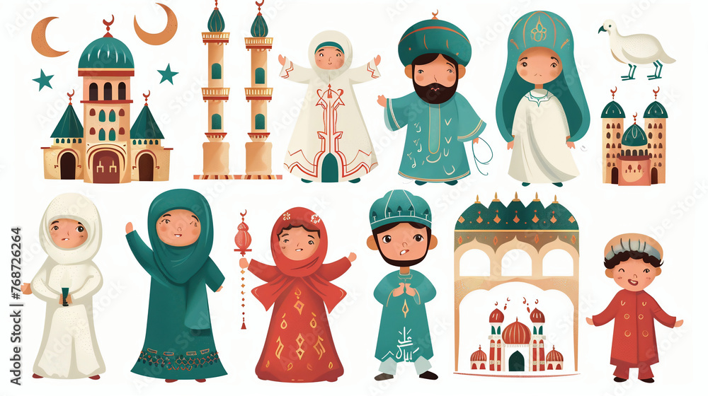 Ramadan clip art - set of Ramadan cartoon characters and design ...